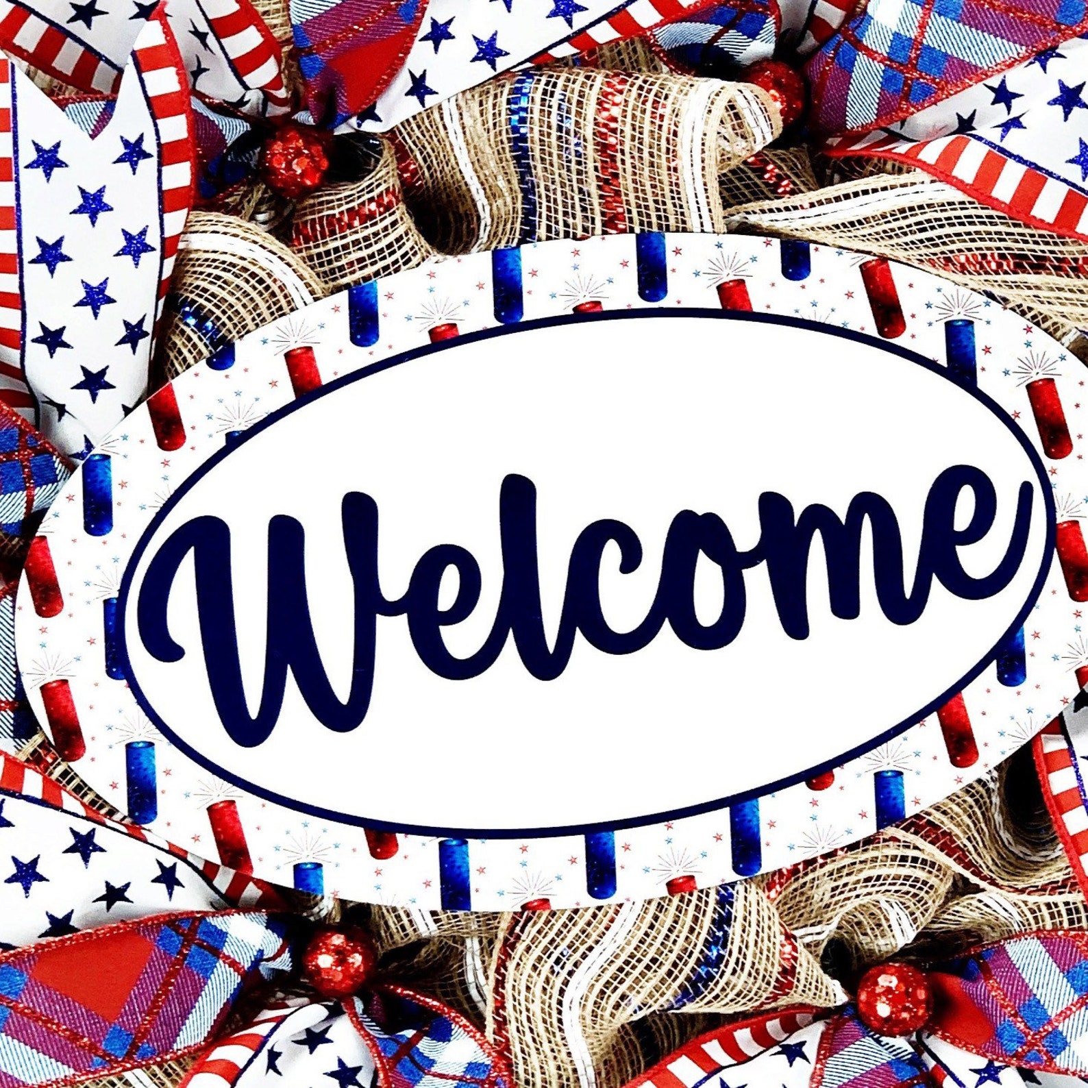 Red White and Blue Welcome Wreath Patriotic Decor 4th of | Etsy
