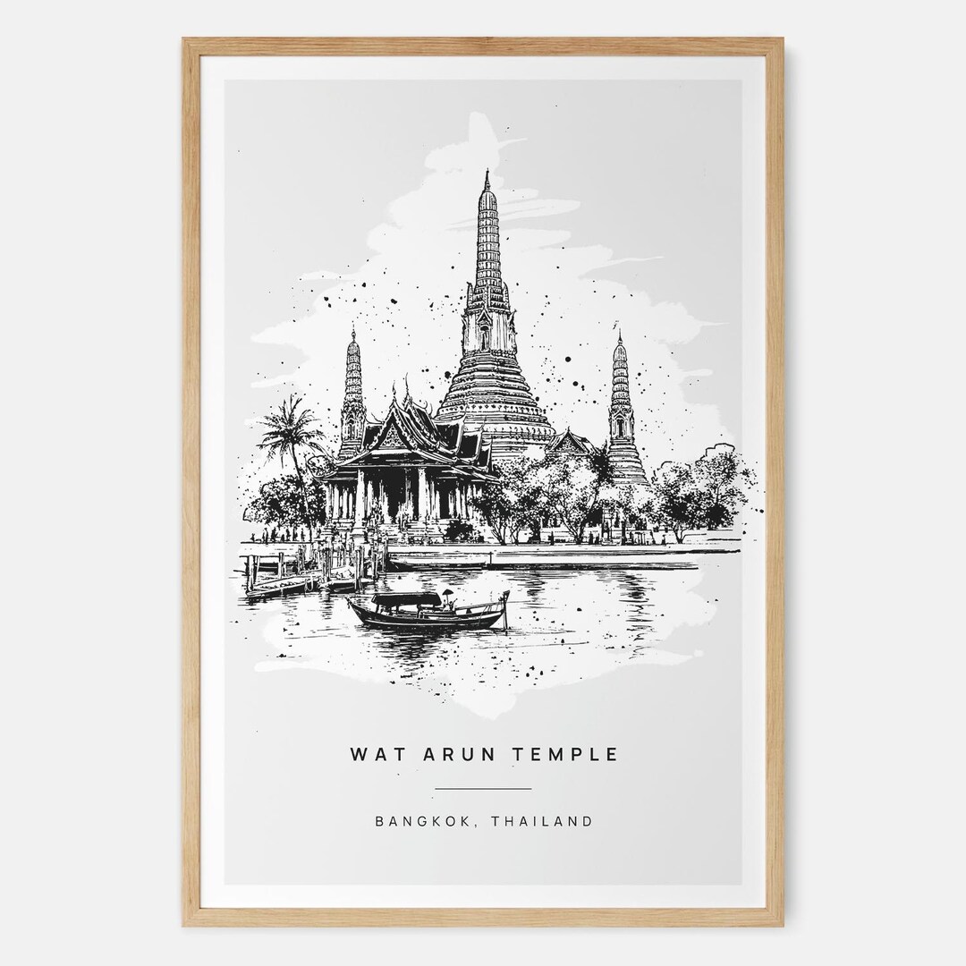 Wat Arun Art Print - Bangkok Thailand Temple Pencil Drawing - Aesthetic ...