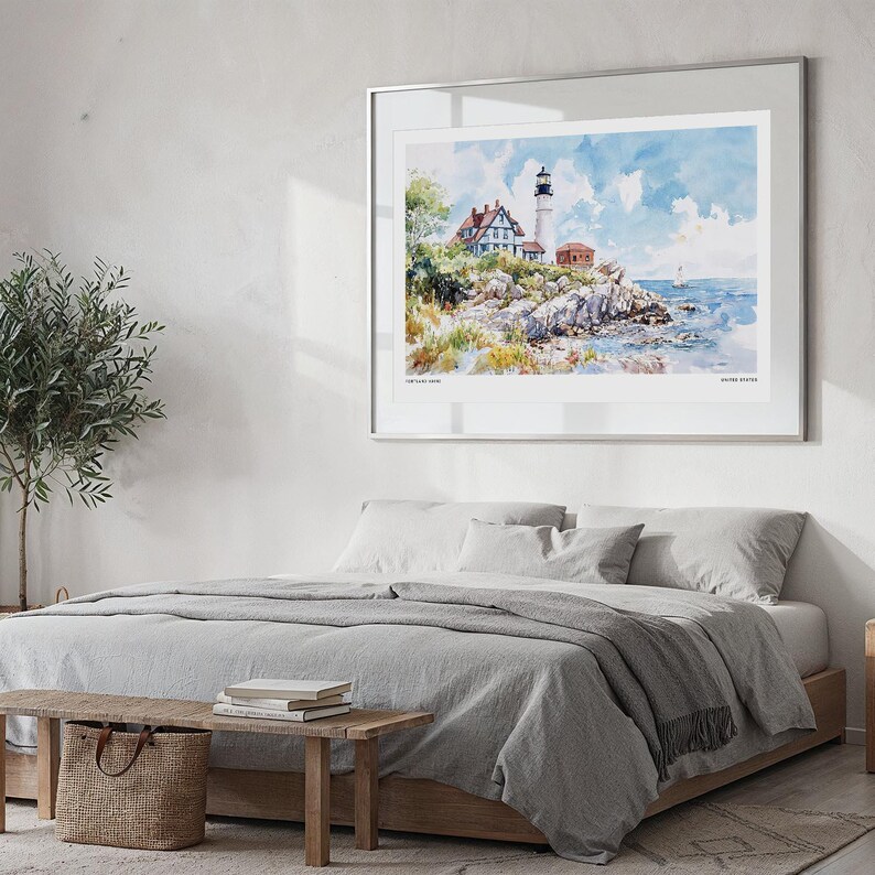 Portland Maine Lighthouse Watercolor Art Print: Coastal Landscape Wall ...