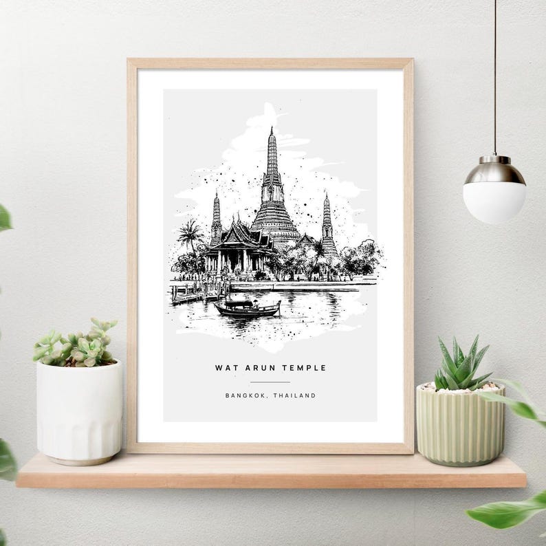 Wat Arun Art Print - Bangkok Thailand Temple Pencil Drawing - Aesthetic ...