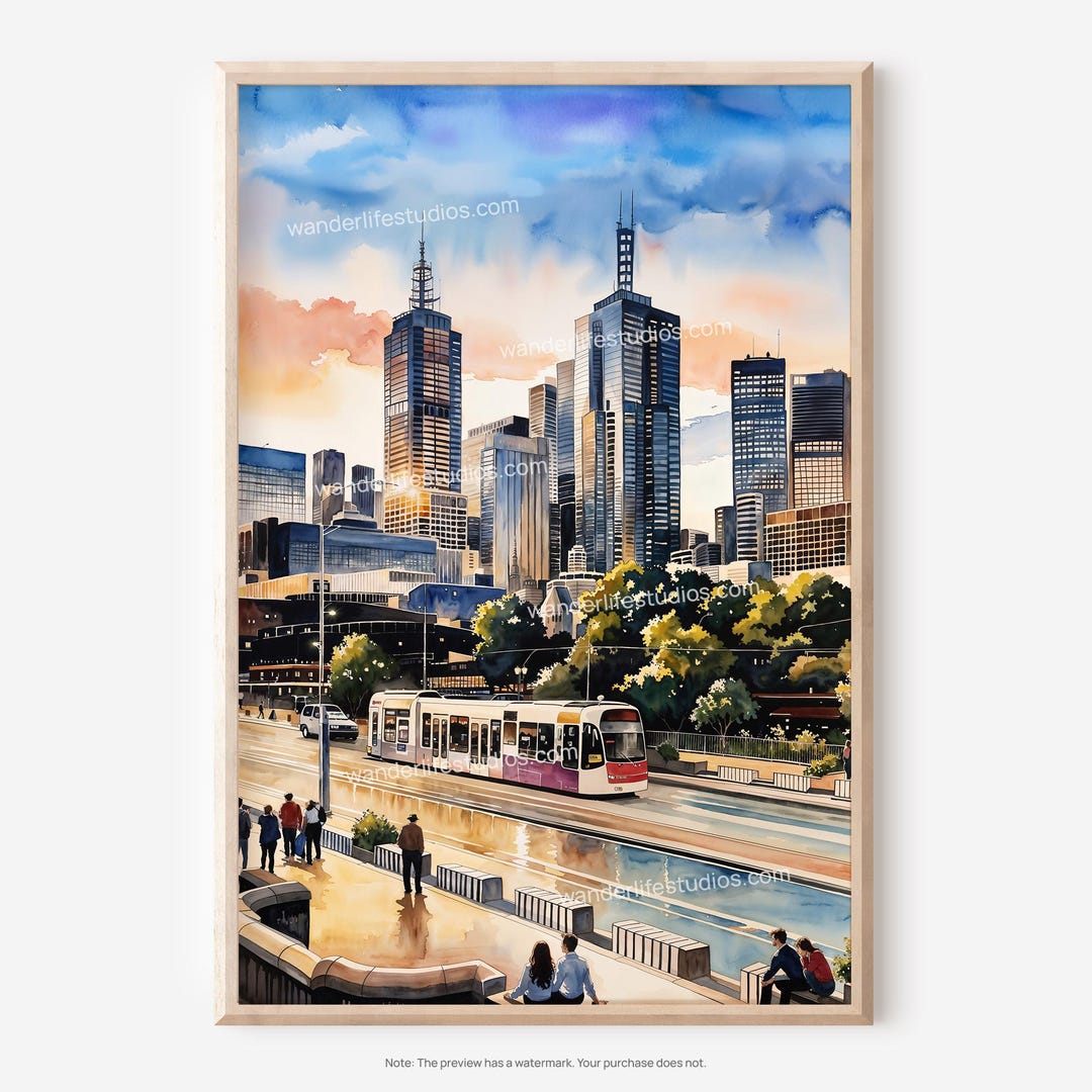Melbourne Skyline Wall Art: Watercolor Cityscape Digital Download for ...