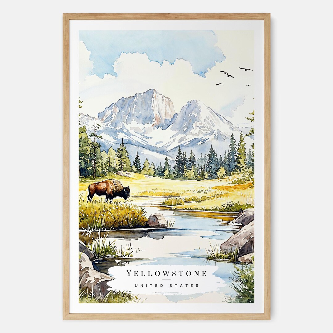 Yellowstone Bison Watercolor Art Print - US National Park Wall Art ...