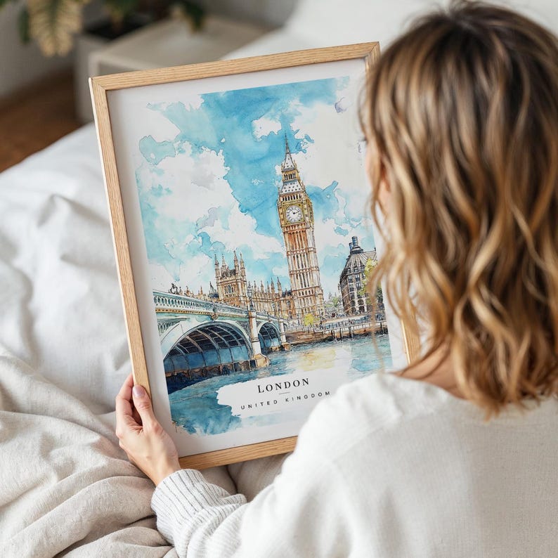 London Watercolor Art Print With Big Ben Clock Tower and Westminster ...