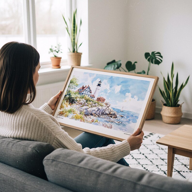 Portland Maine Lighthouse Watercolor Art Print: Coastal Landscape Wall ...