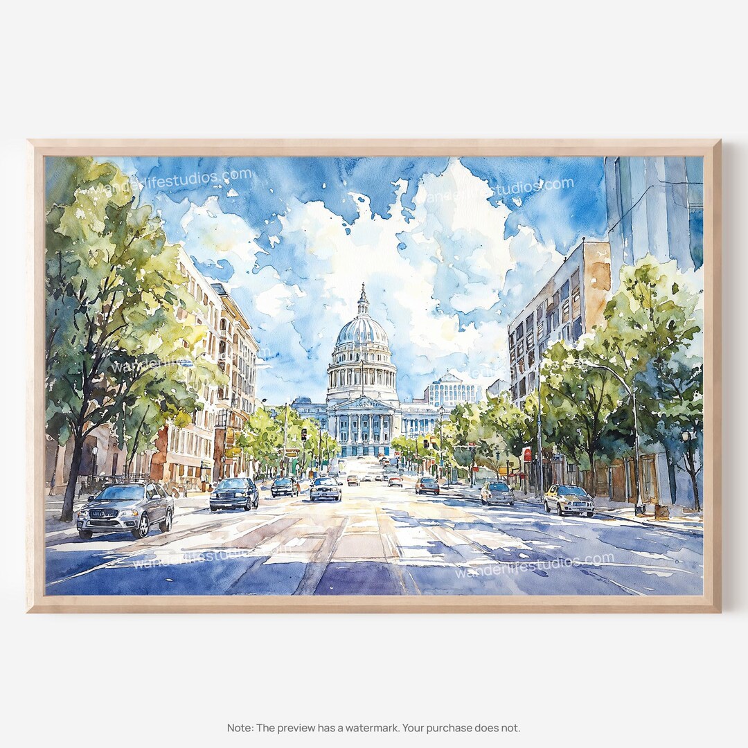 Madison Cityscape Wall Art: Watercolor Digital Download for Instant ...