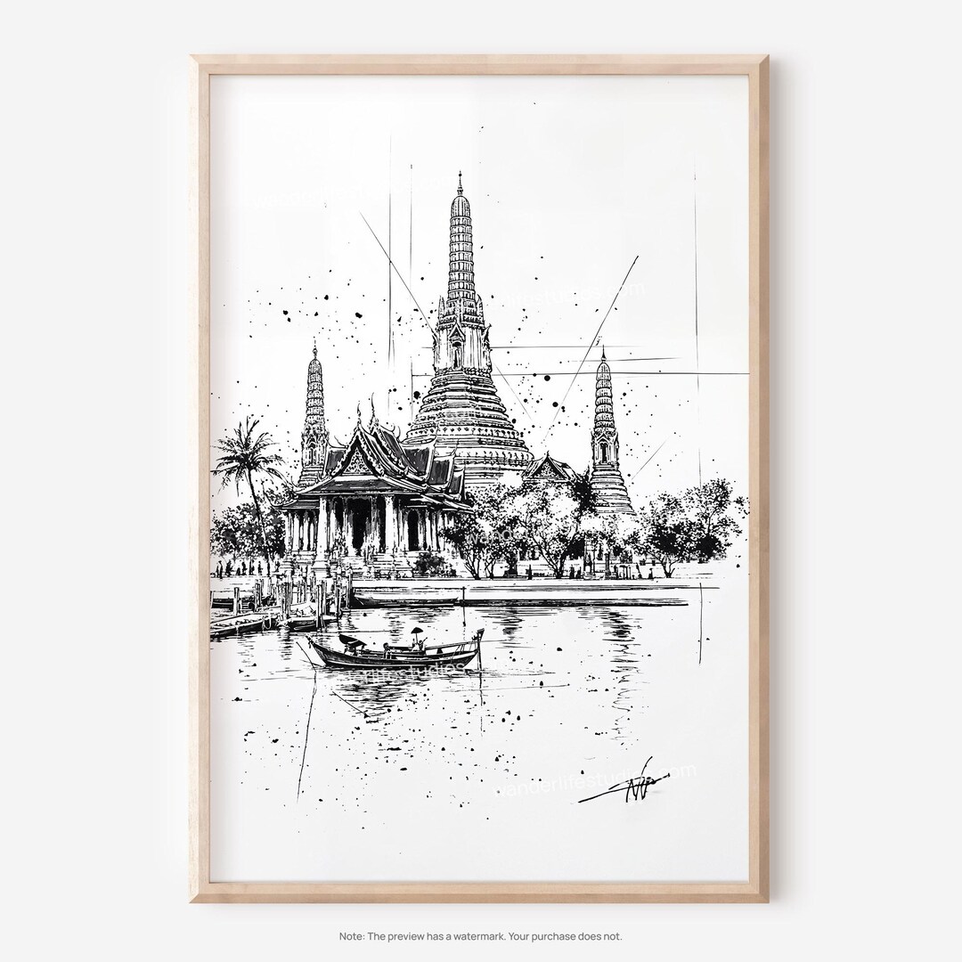 Wat Arun Wall Art: Pencil Drawing Style Digital Download for Easy ...