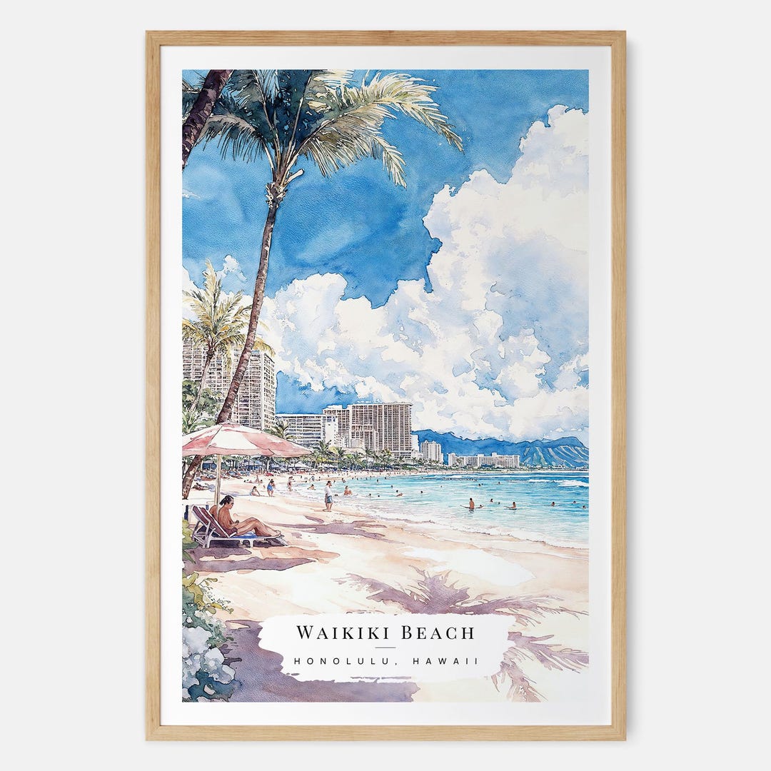 Waikiki Beach Watercolor Art Print - Hawaii Honolulu Wall Art - USA ...