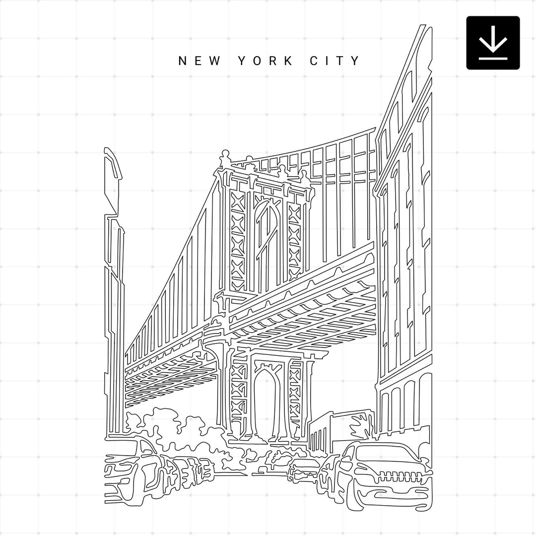 NYC Printable Wall Art - NYC With Manhattan Bridge as Single Line Art ...