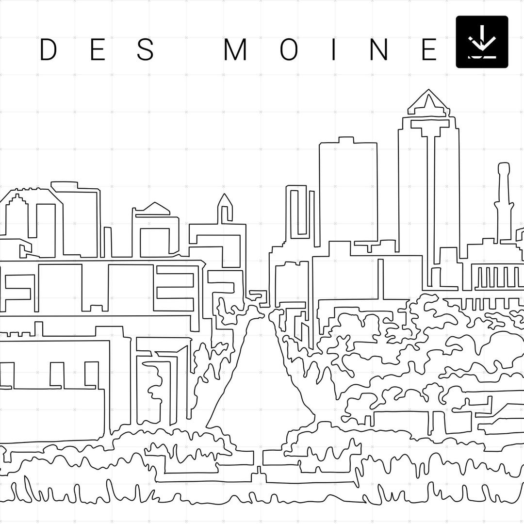 Des Moines Printable Wall Art - Des Moines Skyline Single Line Art ...