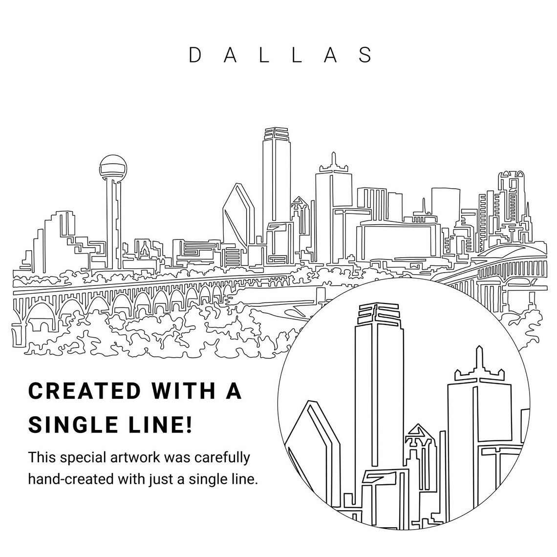 Dallas Printable Wall Art - Dallas TX Cityscape Single Line Art ...