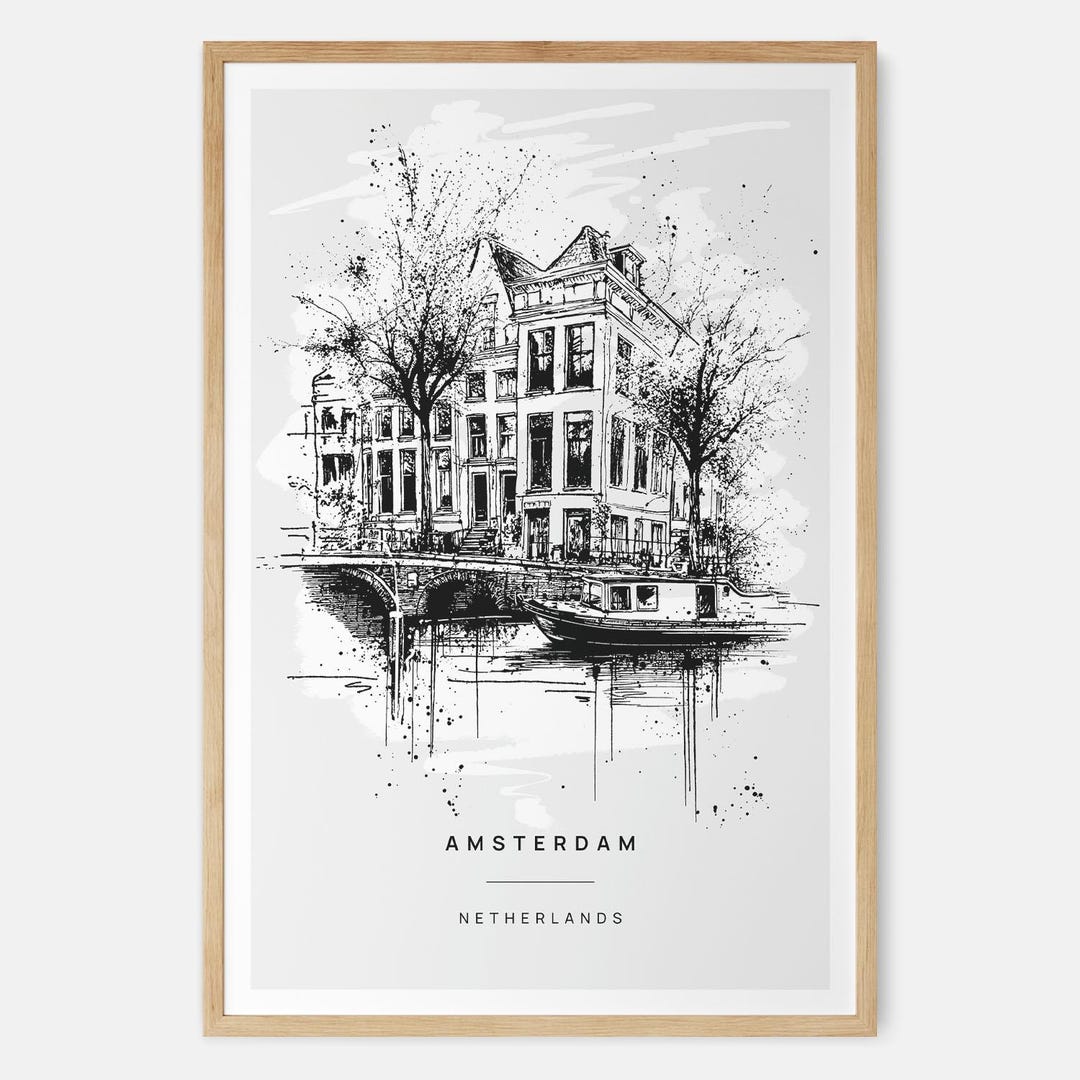 Netherlands Art Print With the Canals in Amsterdam as Unique Pen Line ...