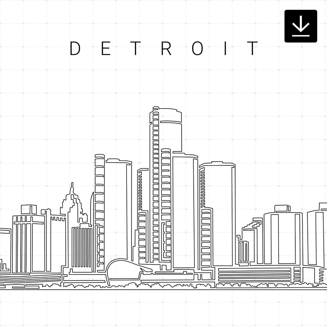 Detroit Printable Wall Art - Detroit Michigan Cityscape Single Line Art ...