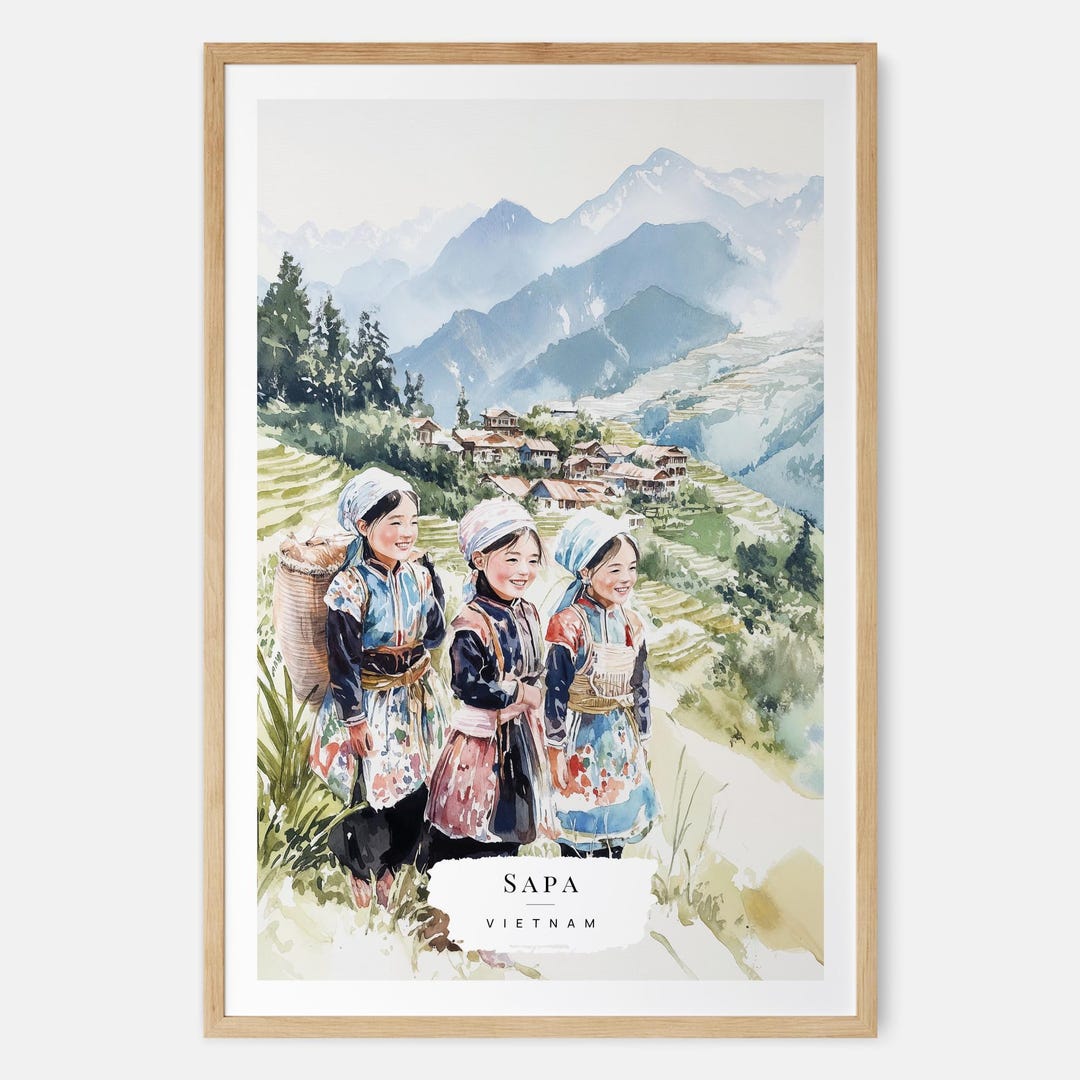 Sapa Watercolor Art Print With Hmong Tribe Children - Vietnam Travel ...