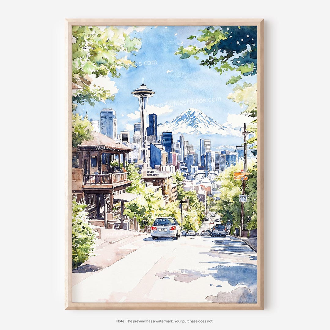Seattle Watercolor Wall Art: Digital Download of Scenic Cityscape and ...