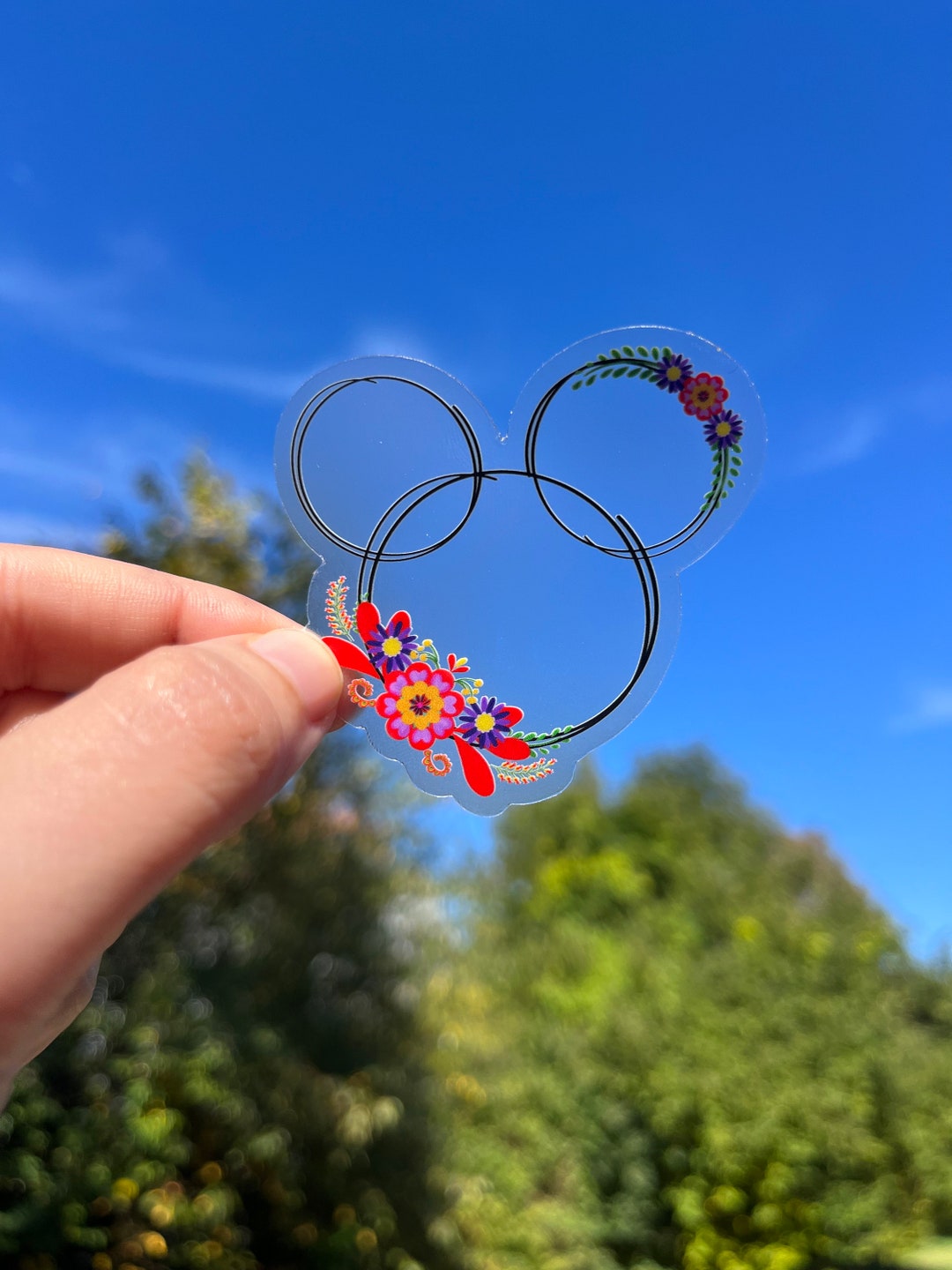 CLEAR Mouse Head Floral Sticker Minimalist Flower Outline Thick Vinyl ...