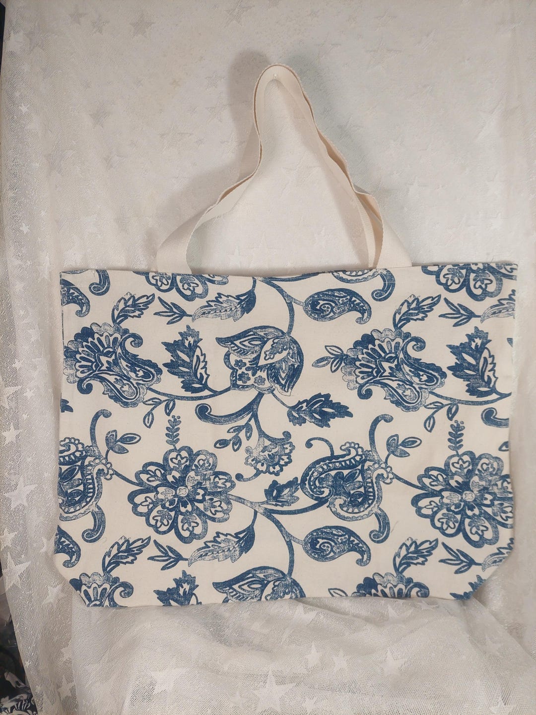 Scandinavian Blue Floral Upcycled Large Market Tote Bag. Sturdy Canvas ...