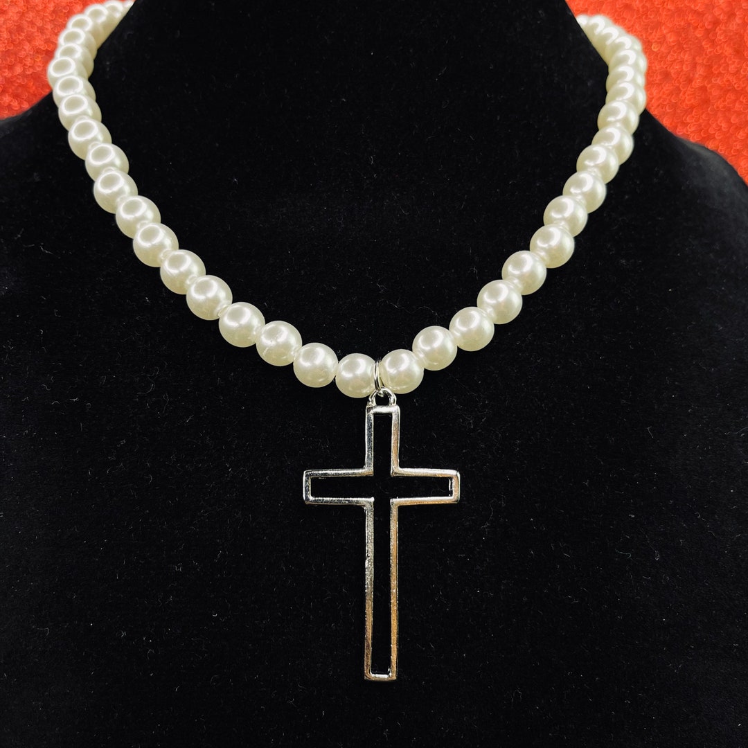 Unisex Y2K Big Jesus Christ Cross Pendant White Round Beads - Etsy