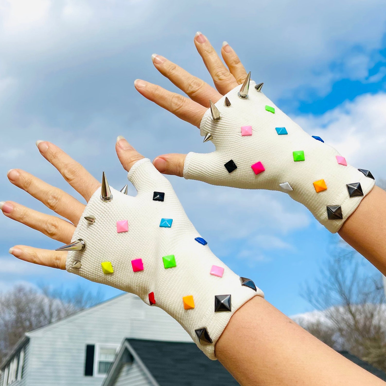 Spikes Gloves Spike Punk Rock Gloves White Gloves | Etsy