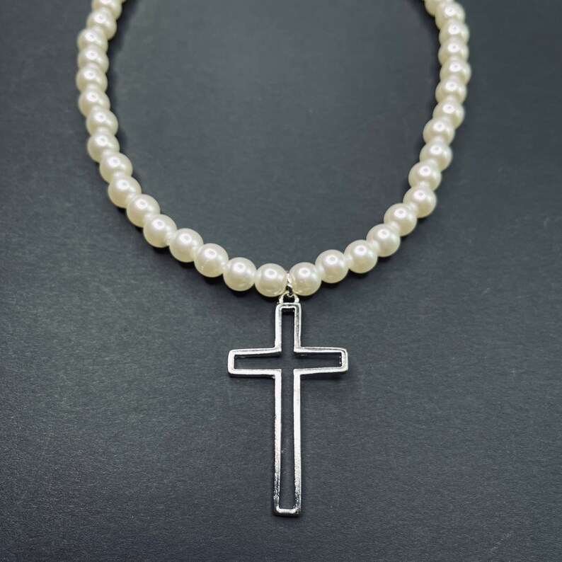 Unisex Y2K Big Jesus Christ Cross Pendant White Round Beads - Etsy