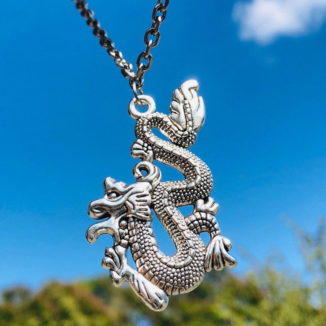 Dragon Pendant Necklace, Stainless Steel Chain Choker, Chinese Symbol ...