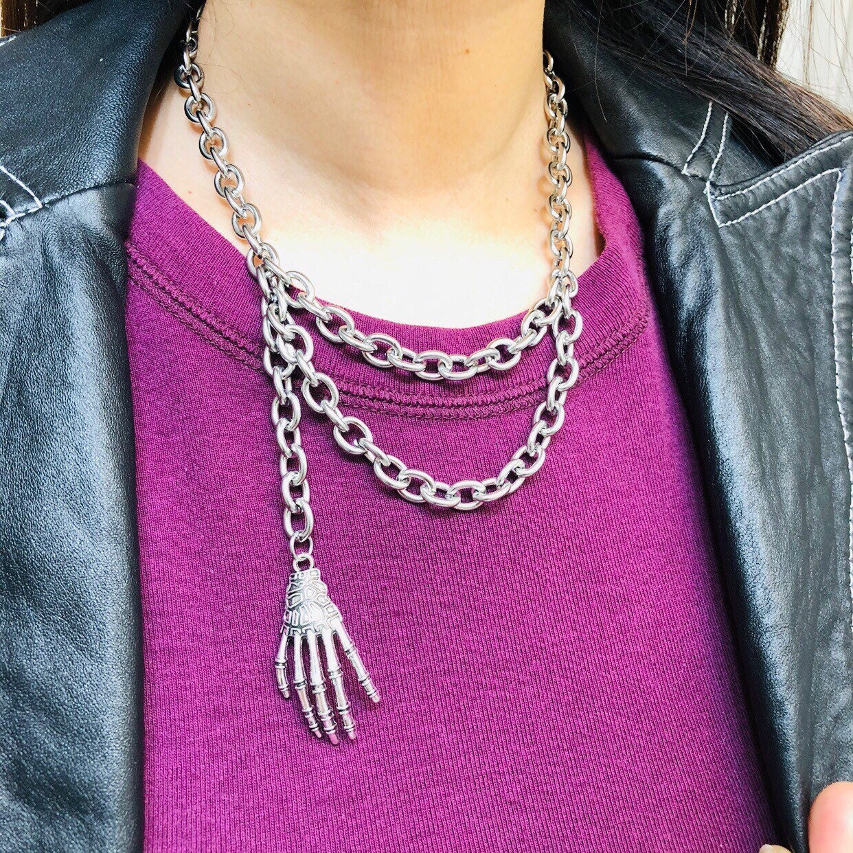 Punk Goth Hand Skeleton Necklace Bone Choker Chunky Stainless - Etsy
