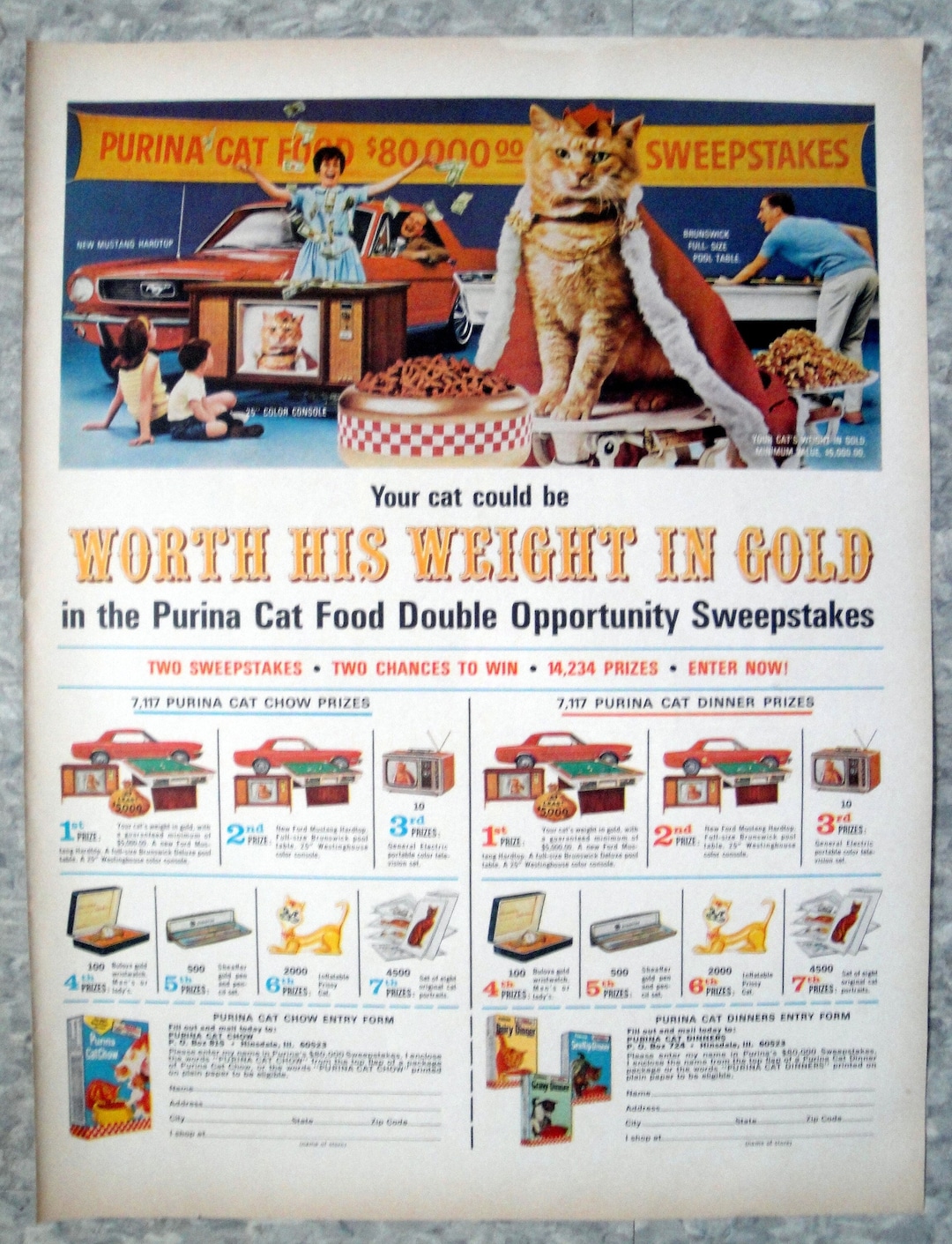 1967 Purina Cat Food Win Your Cats Weight in Gold Original 13.5 * 10.5 ...