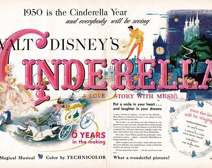 1950 Cinderella Walt Disney Technicolor Original 2 Pages 13.5 10.5 ...