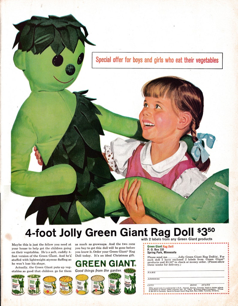 1963 Green Giant 4 Foot Rag Doll Sale-young Girl-original 13.5 10.5 ...
