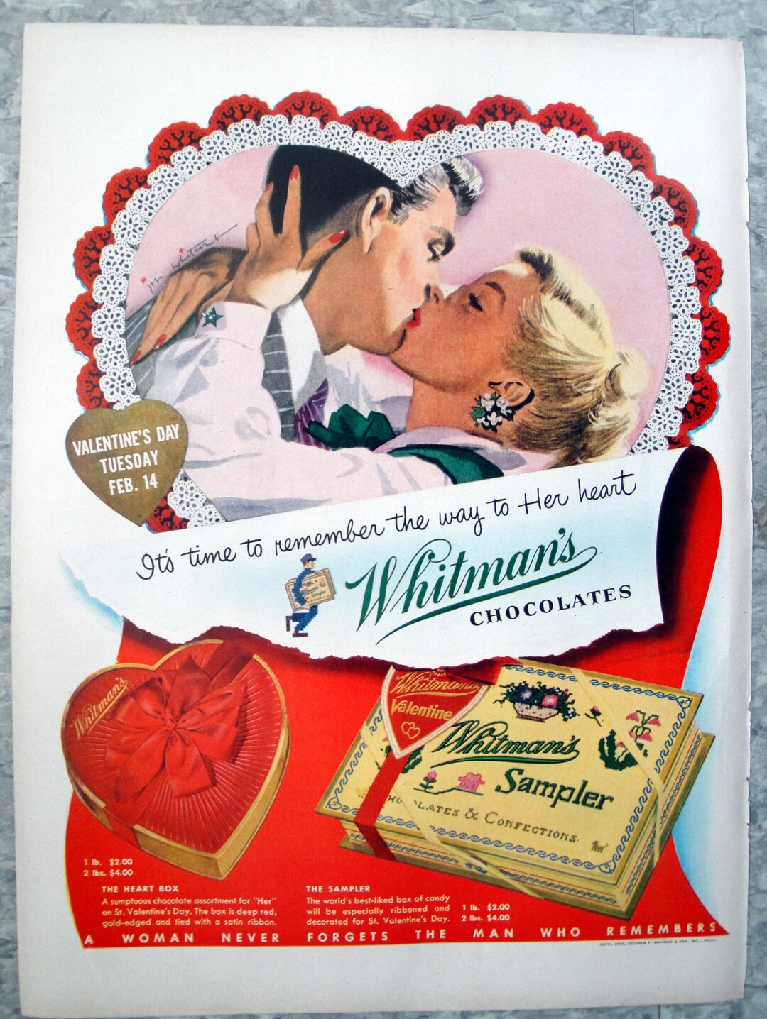 1954 Whitmans Sampler Box-valentines Day-chocolate Original 13.5 * 10.5 ...