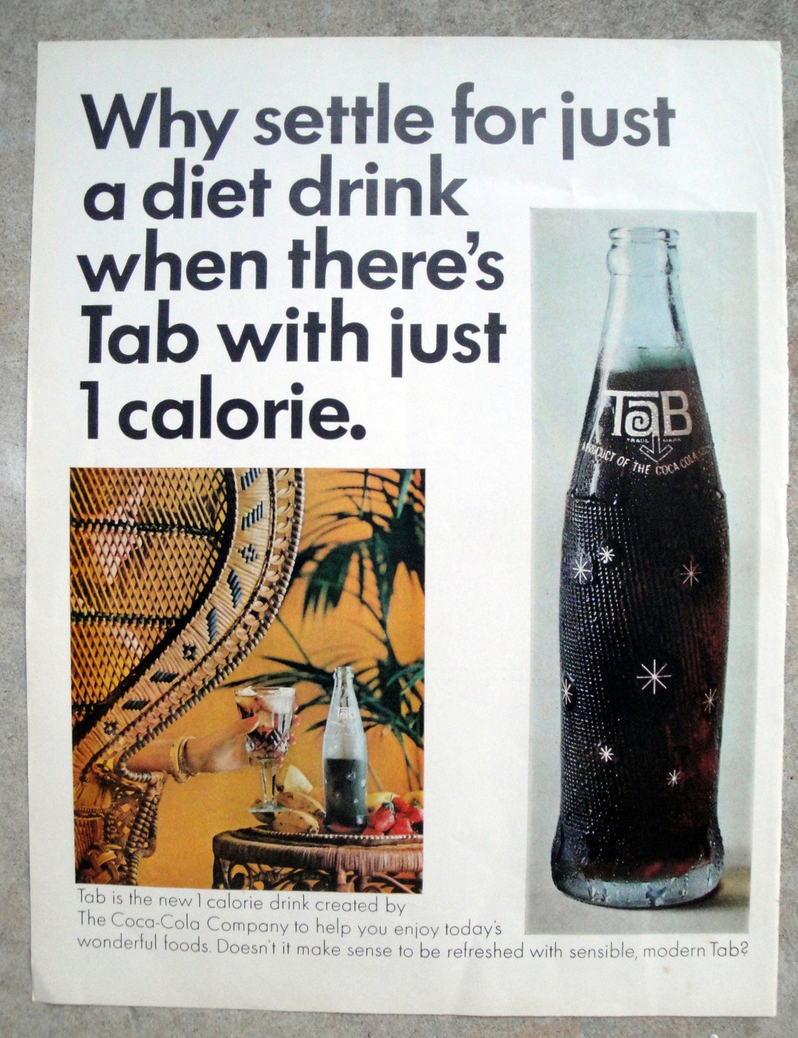 1964 Tab Coca Cola-Just One Calorie-Bottle Original 13.5 | Etsy