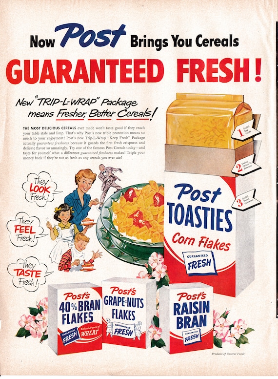 1950 Post Cereals Guaranteed Fresh Corn Flakes original 13.5 | Etsy