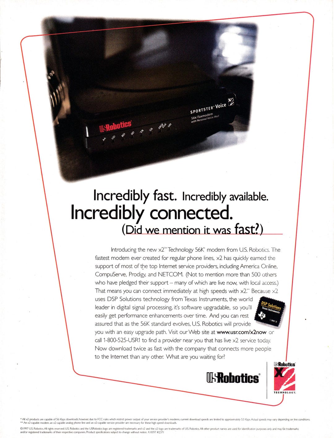 1997 US Robotics Sportster 56K External Modem Fast Original Magazine Ad ...