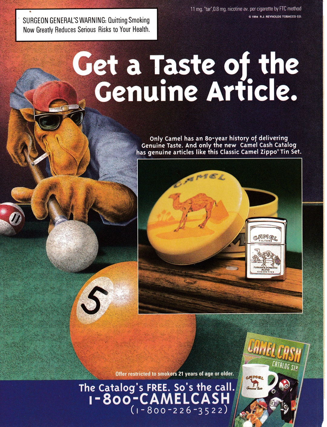 1994 JOE Camel-Playing Pool-Genuine Taste-Lighter-Cigarette Anuncio ...