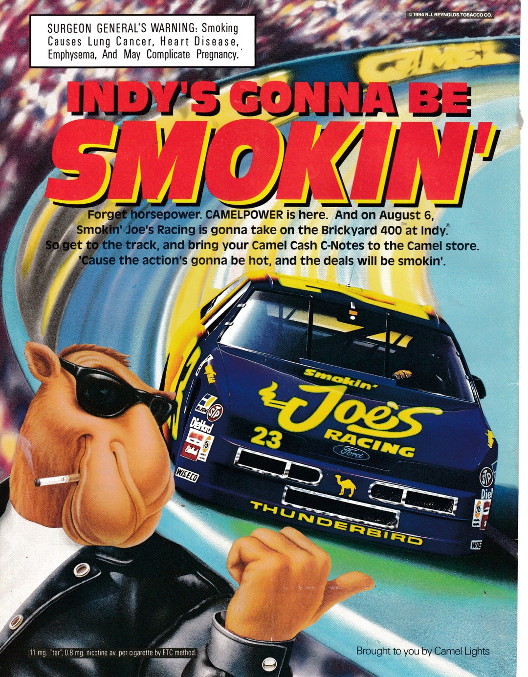 1993 JOE Camel-indy 500 Car Racing-t-bird Tobacco-cigarette Smoking ...
