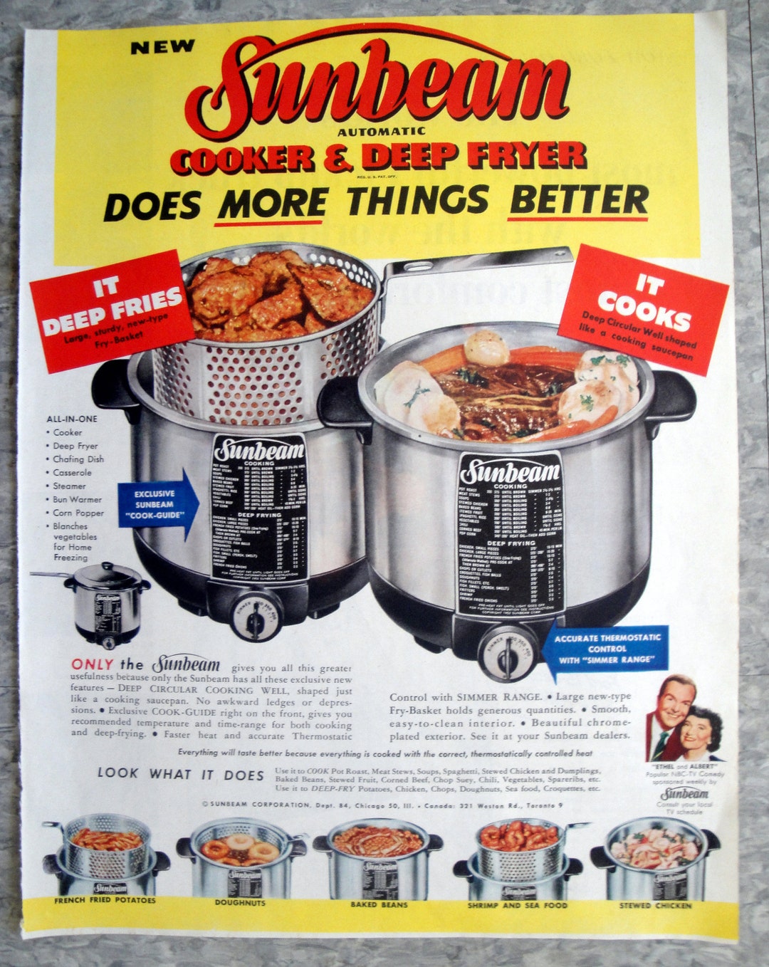 1953 Sunbeam Deep Fryer Cooker-french Fries-original 13.5 10.5 Magazine ...