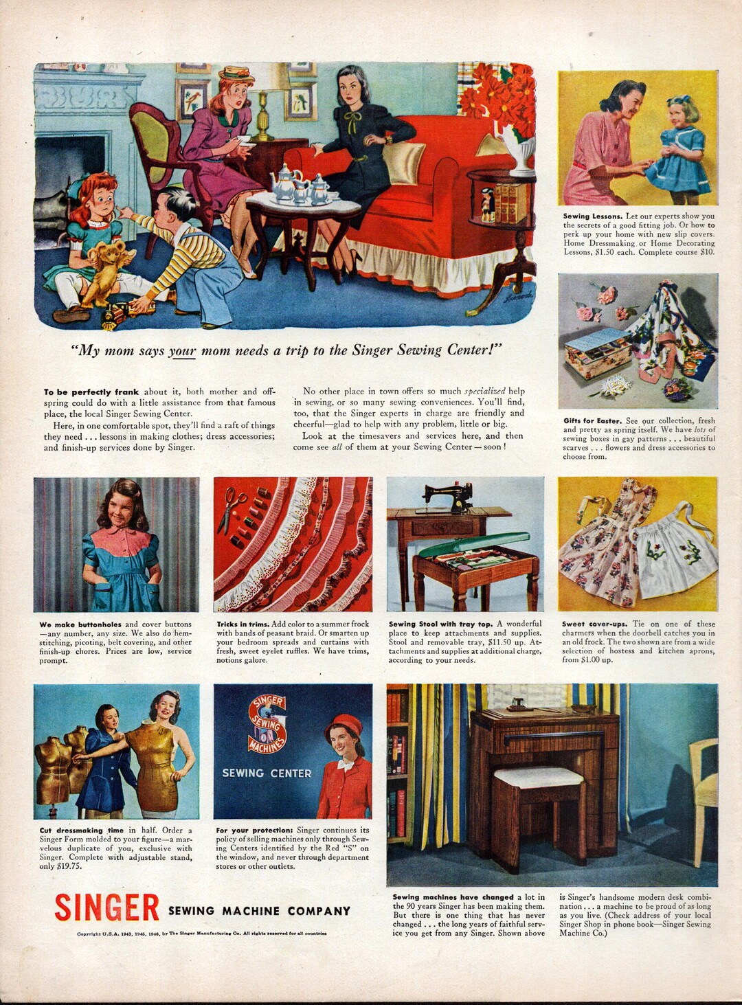 1946 Singer Sewing Centers Take Your Mom Original 13.5 10.5 Magazine Ad ...