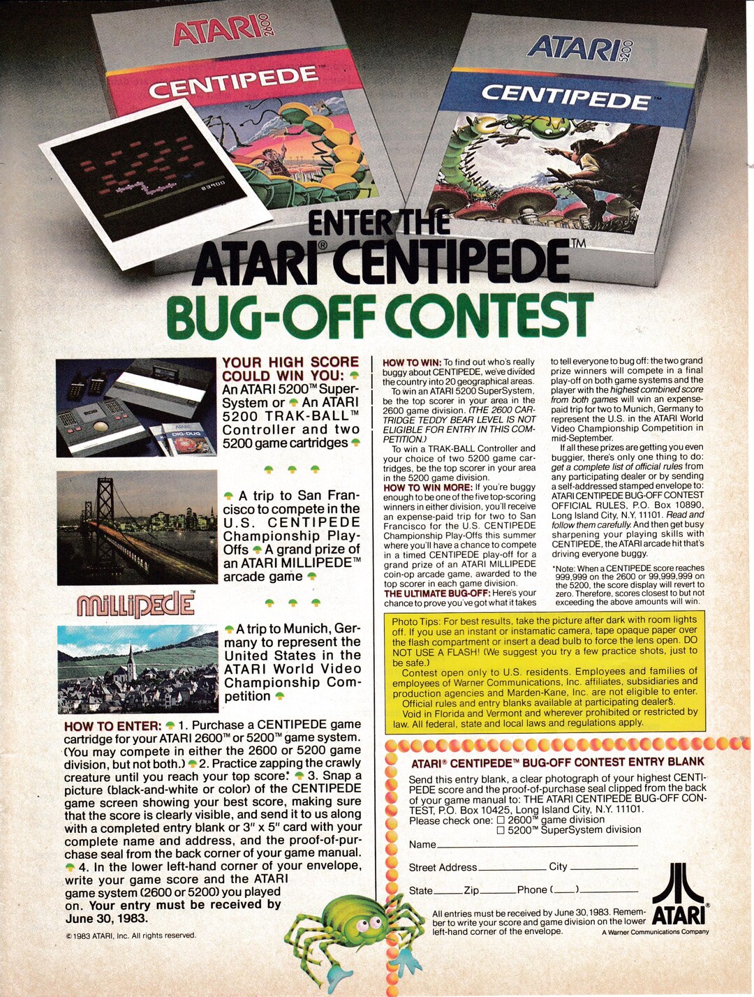 1983 Atari Centipede Bug off Contest-2600 or 5200 System Original ...
