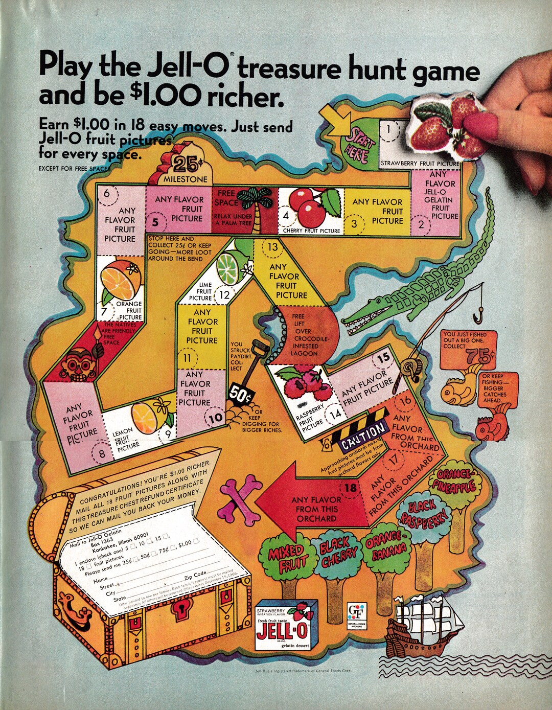 1967 JELL-O Jello Treasure Hunt Game Earn 1.00-fruit-original 13.5 10.5 ...