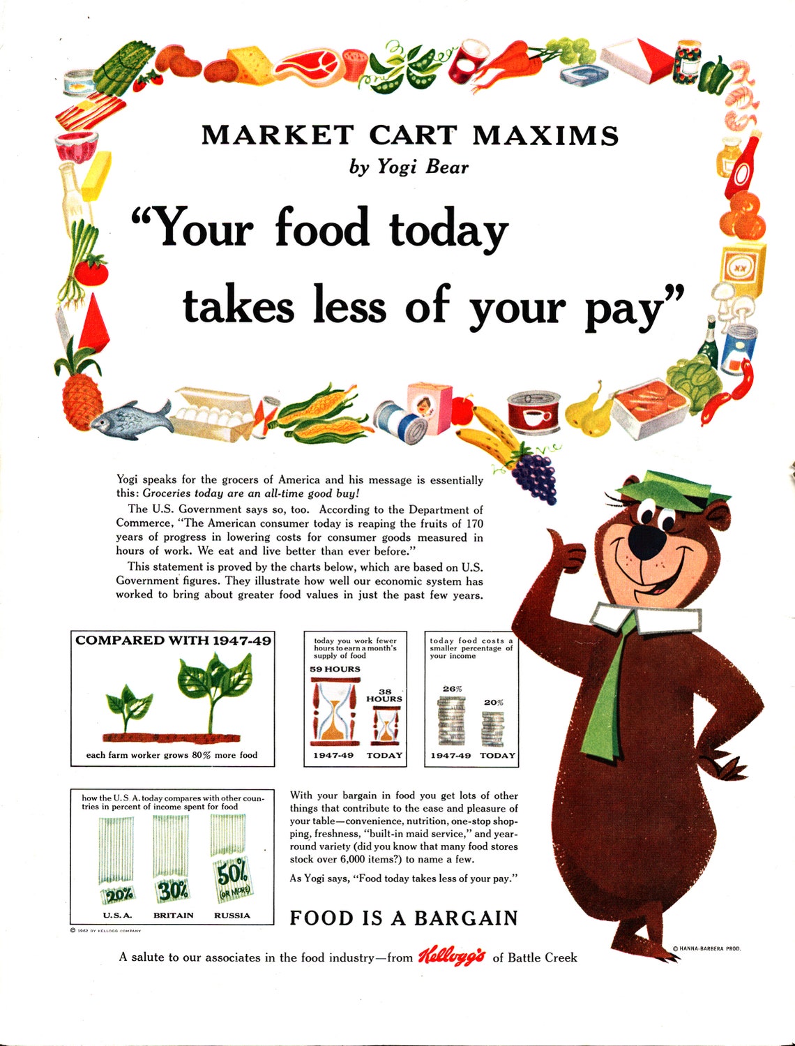 1962 Kellogg's Yogi Bear Food is A Bargain Original 13.5 10.5 Magazine ...