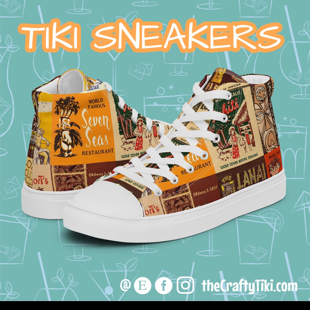 Men's Retro Tiki Shoes matchbook Patchwork Tiki Bar High Top Canvas ...