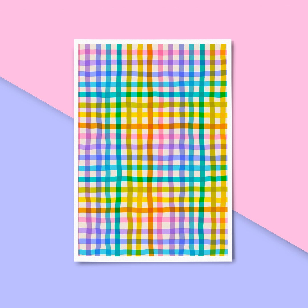 Pastel Rainbow Check Print, Checkered Wall Art, Gingham Print ...