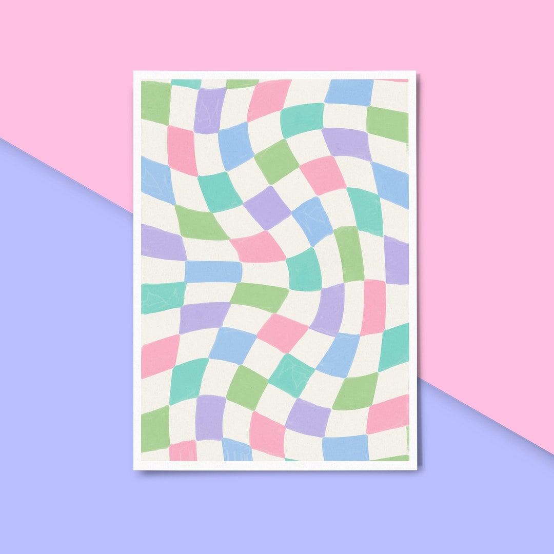 Pastel Rainbow Checkerboard Print, Checkered Wall Art, Ecclectic Wavy ...