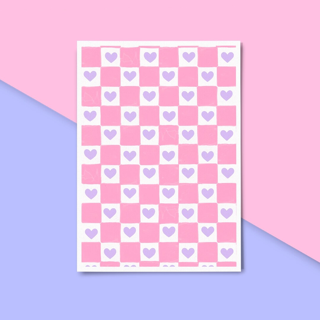 Heart Pastel Pink Checkerboard Print, Pink Checkered Wall Art, Lilac ...