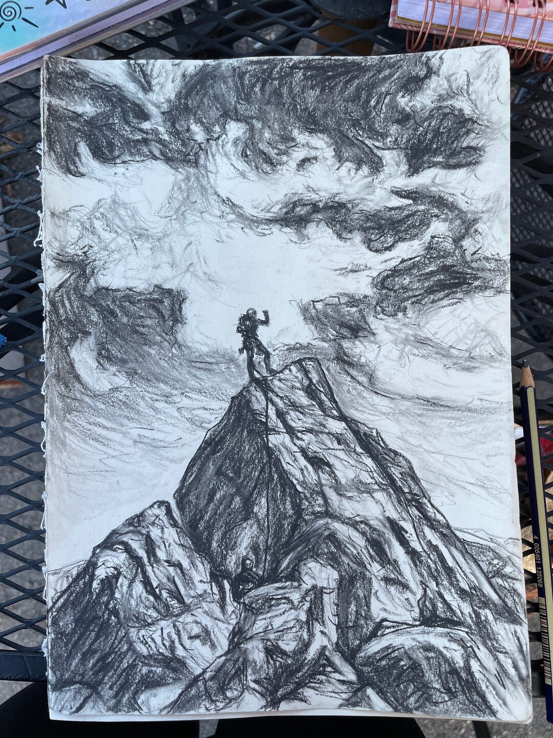 Original Charcoal Drawing of Mountain Climber on Summit - Etsy