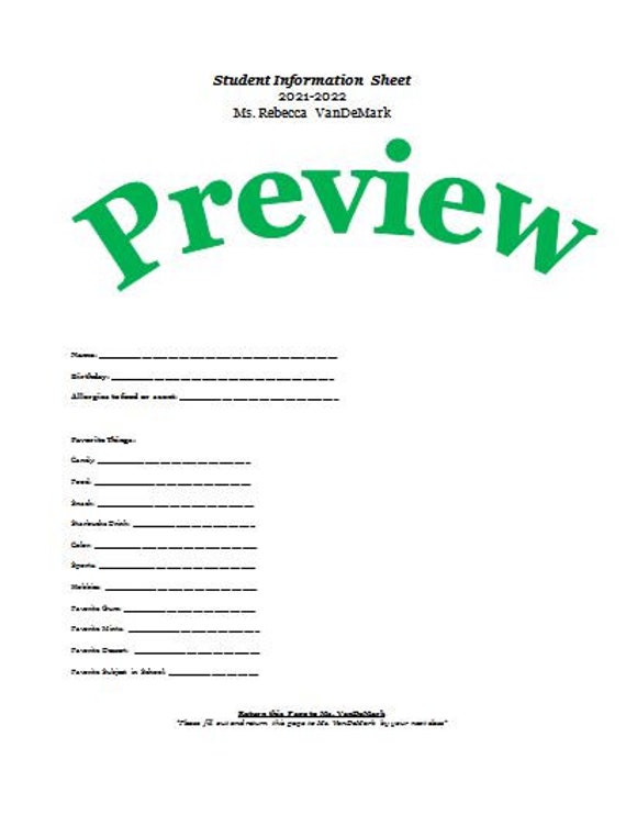 High School Student Information Sheet