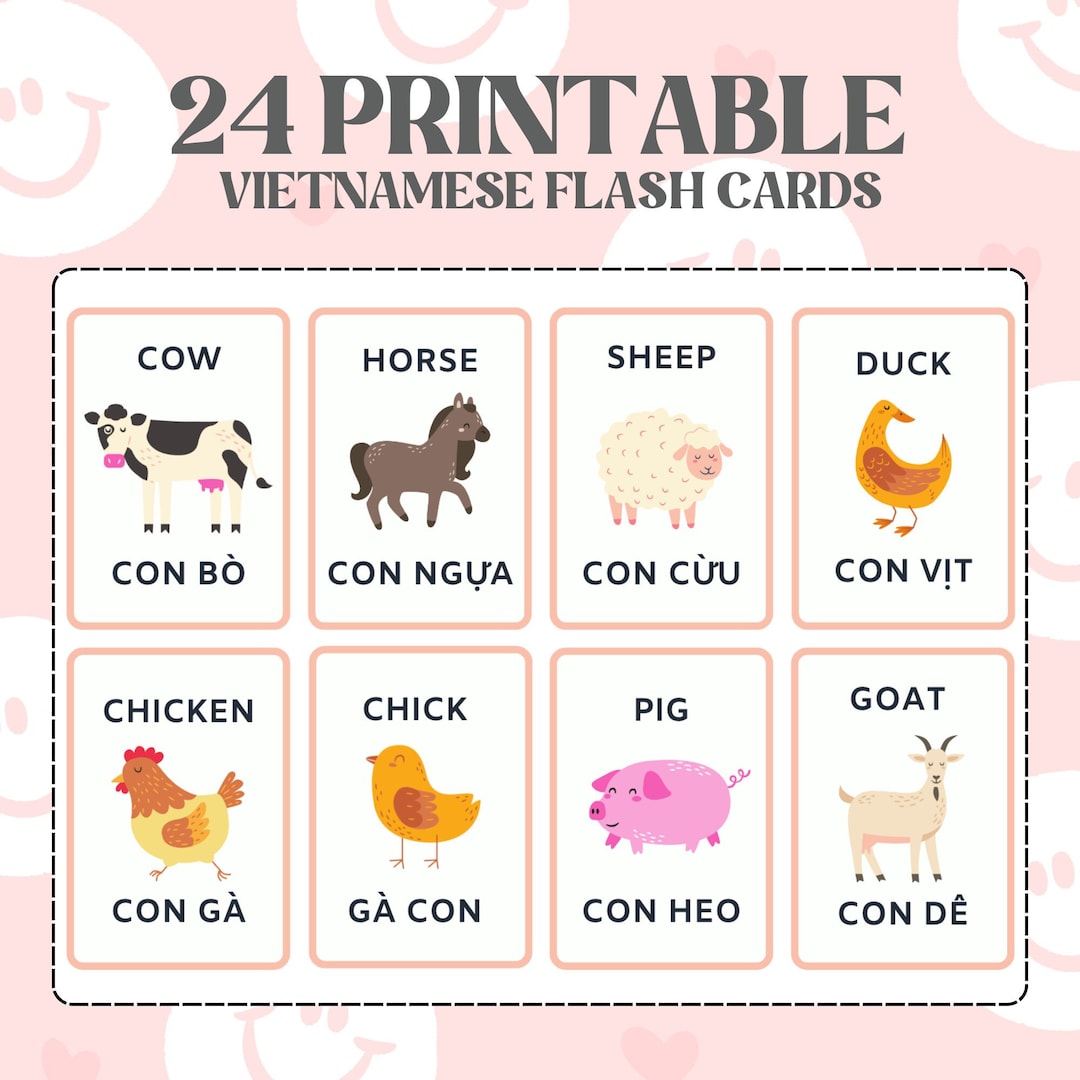 24 Printable Bilingual Vietnamese Animal Flash Cards, Vietnamese ...
