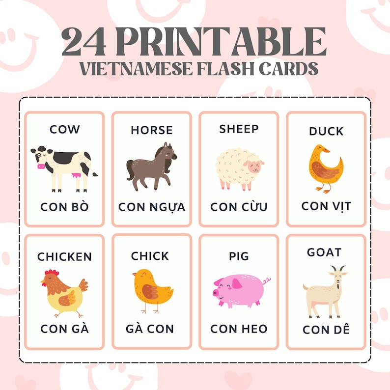 24 Printable Bilingual Vietnamese Animal Flash Cards, Vietnamese ...