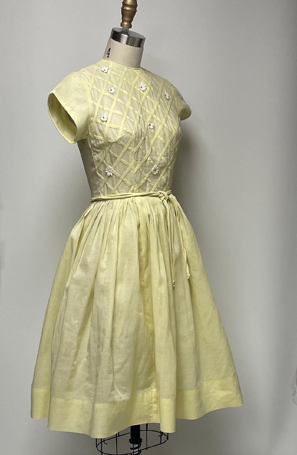 1950's Sunny Yellow Fine Organdy Dress Short Sleeved Fitted Bodice ...