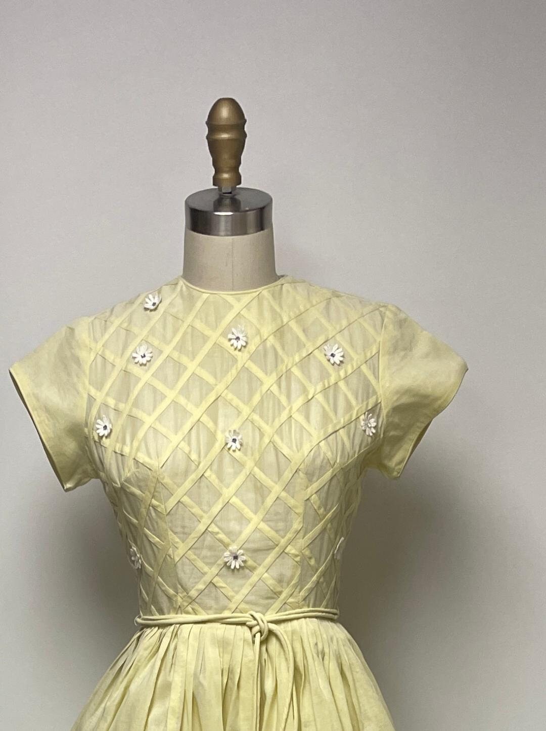 1950's Sunny Yellow Fine Organdy Dress | Short Sleeved Fitted Bodice ...