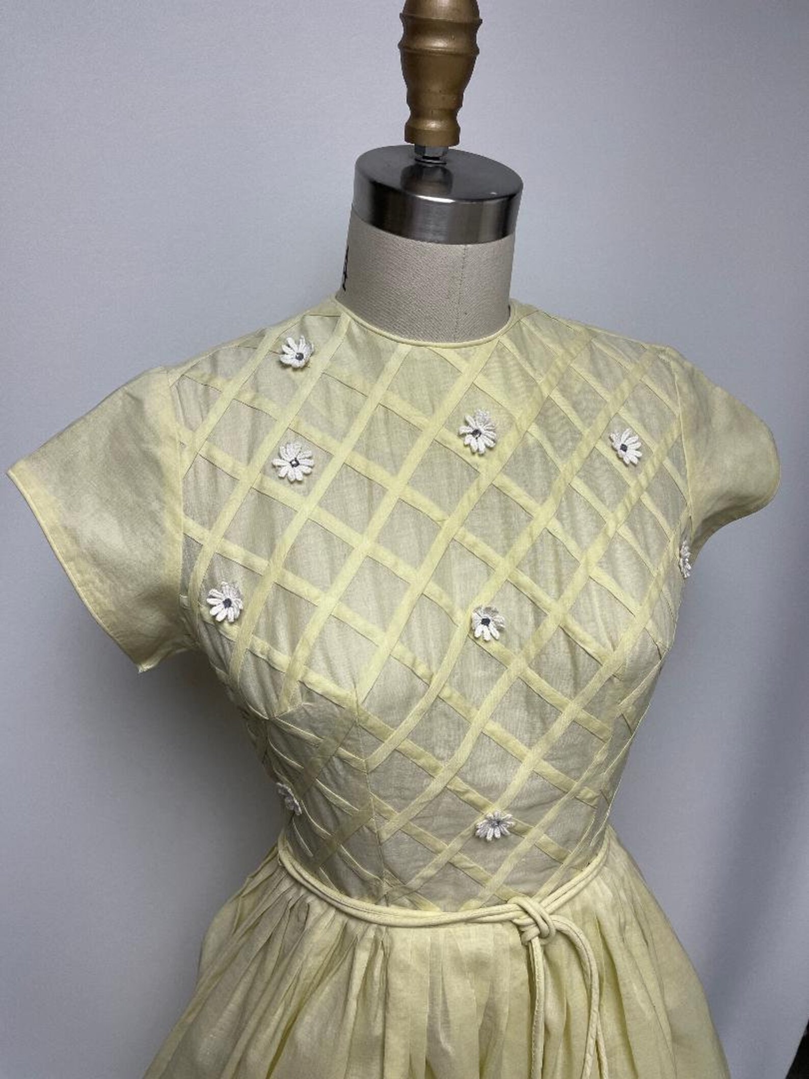 1950's Sunny Yellow Fine Organdy Dress | Short Sleeved Fitted Bodice ...